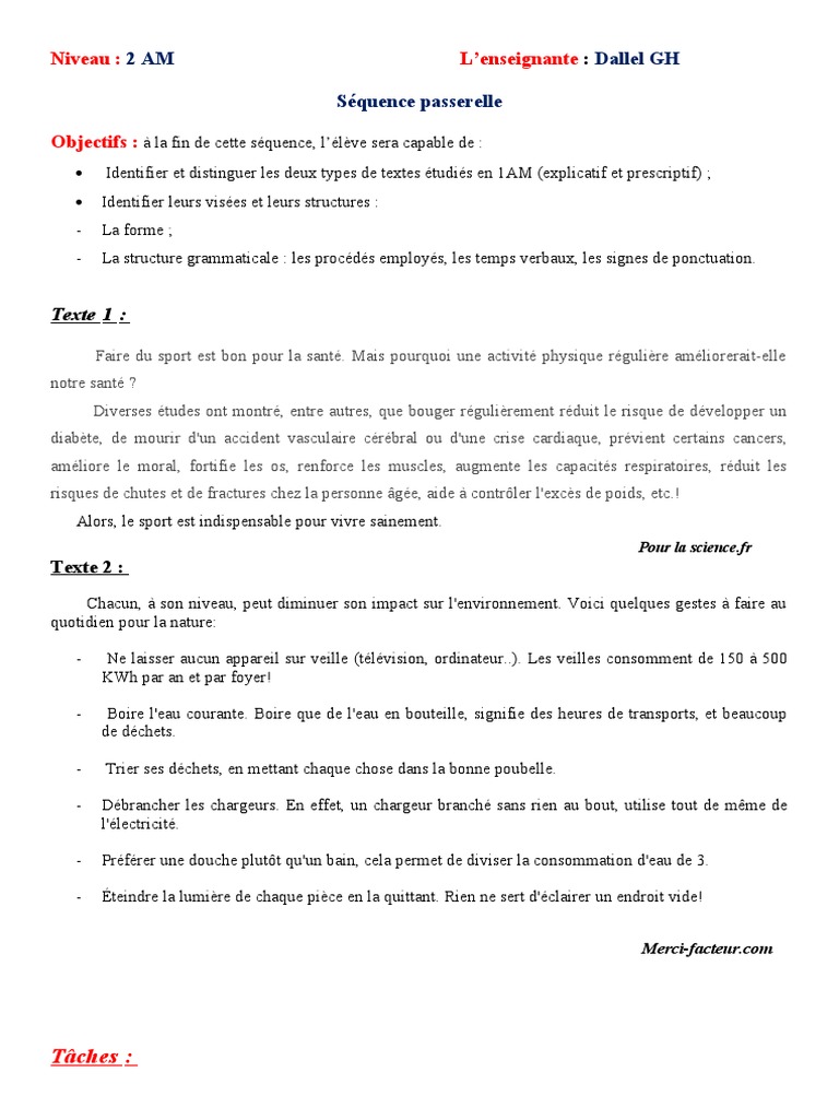 Séquence Passerelle 2AM : Textes et Évaluations | PDF | Des sports