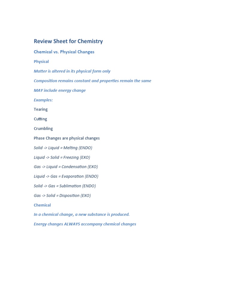 Review Sheet For Chemistry | PDF | Chemical Elements | Oxygen