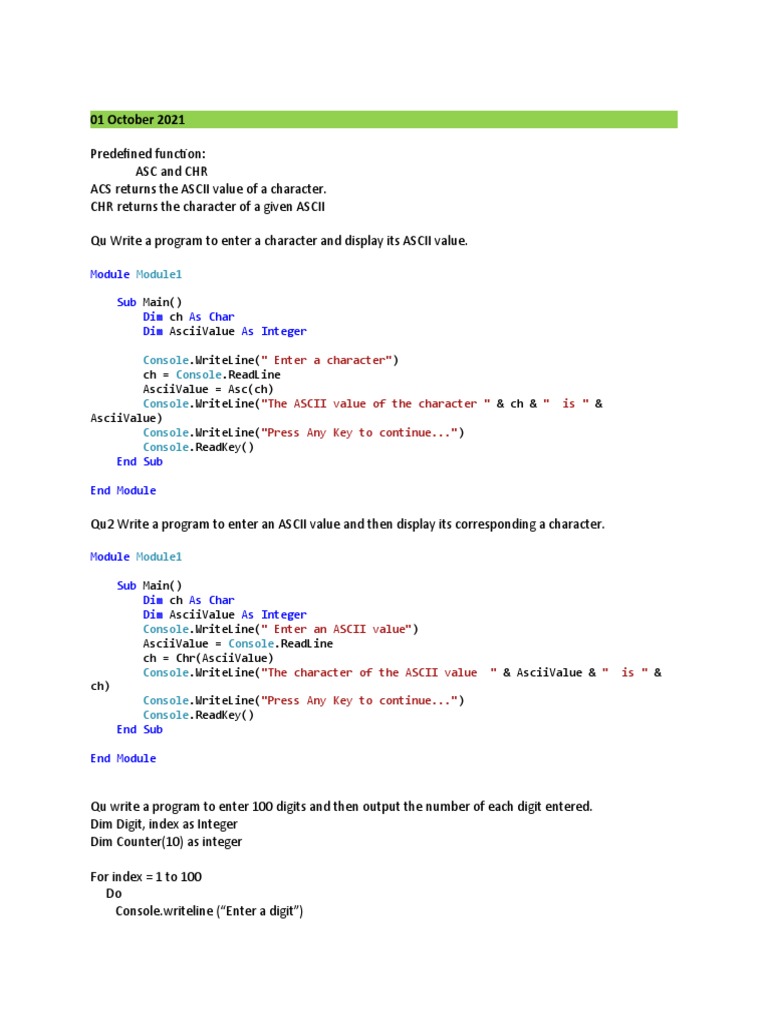 01 October 2021: Sub Dim As Char Dim As Integer | PDF | Computer Science | Digital Typography