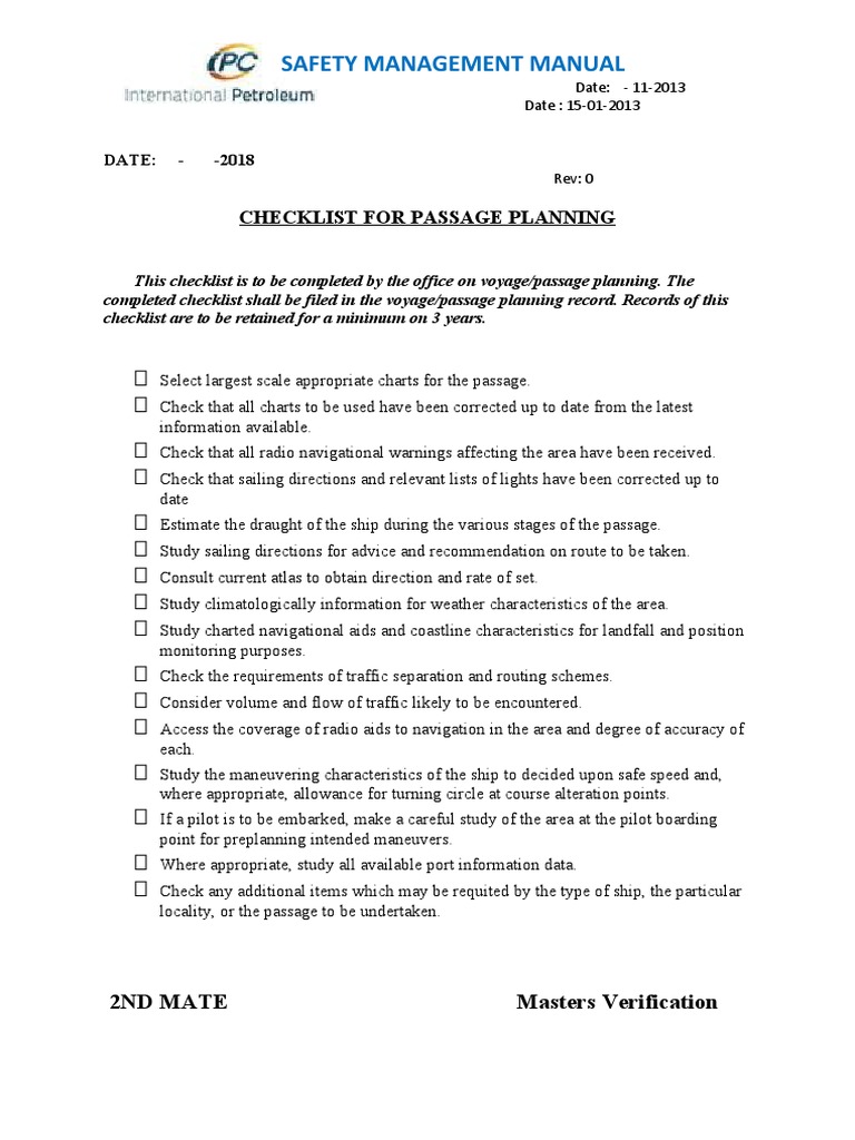 Safety Management Manual: Checklist For Passage Planning | PDF ...