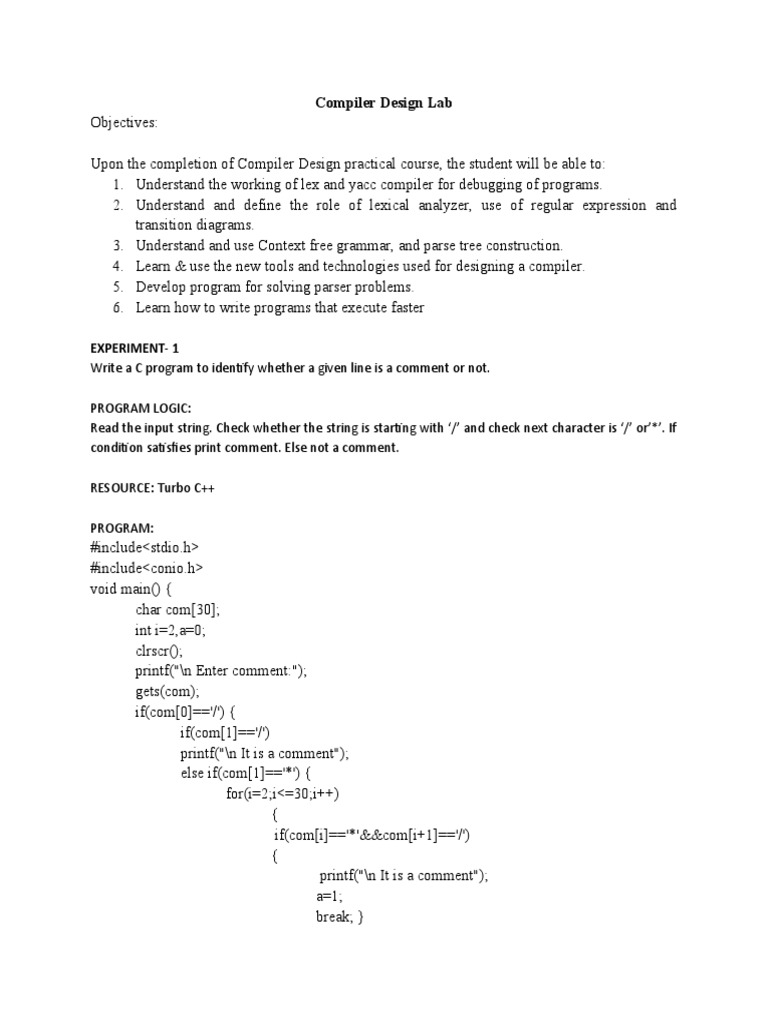 Compiler Design Lab | PDF | Parsing | Compiler Compiler Design Lab | PDF | Parsing | Compiler