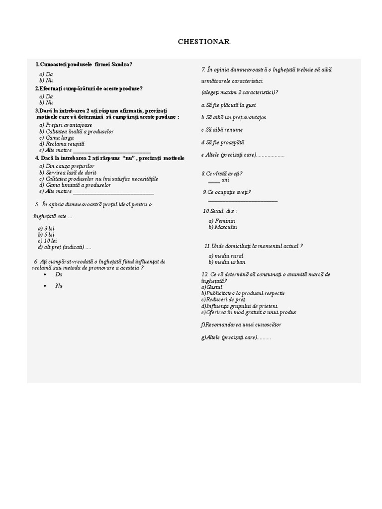 CHESTIONAR Marketing | PDF