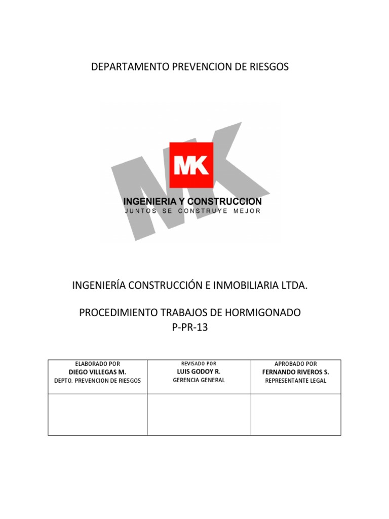P-PR-13 Procedimiento Trabajos Hormigonado | PDF | Hormigón | Seguridad ...
