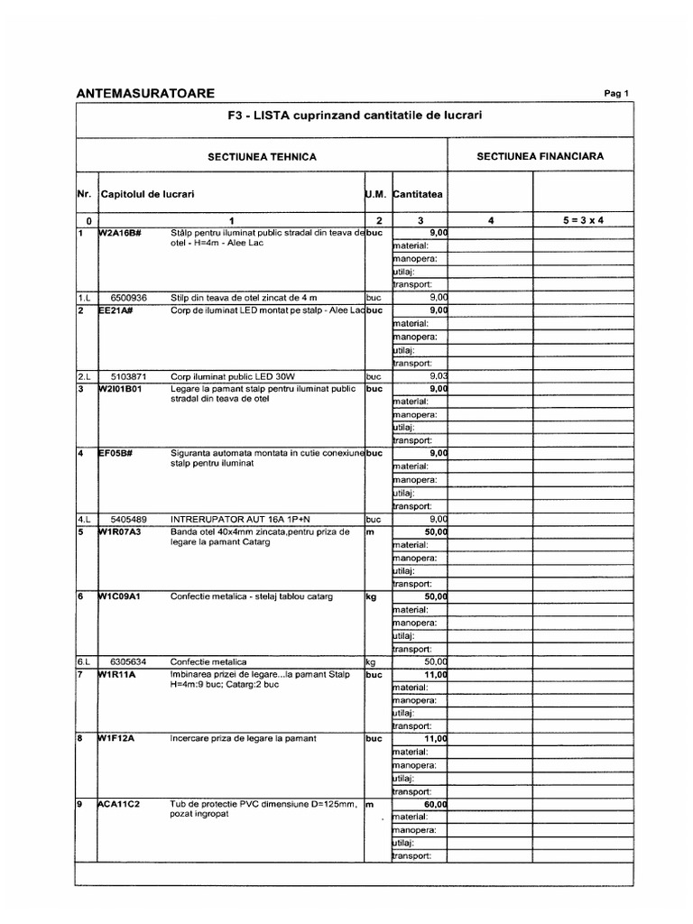 03 Antemasuratoare-Lista Cantitati de Lucrari | PDF