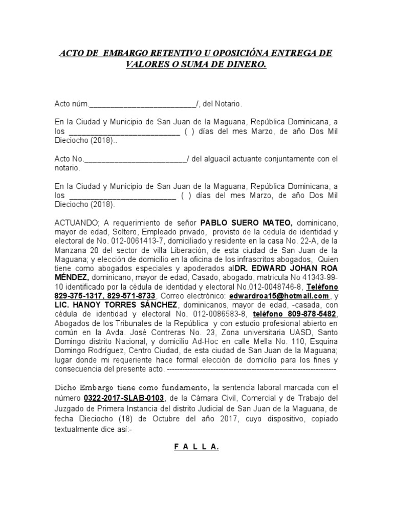 Acto de Embargo Retentivo U Oposición - Quinito-2 | PDF | Sentencia ...