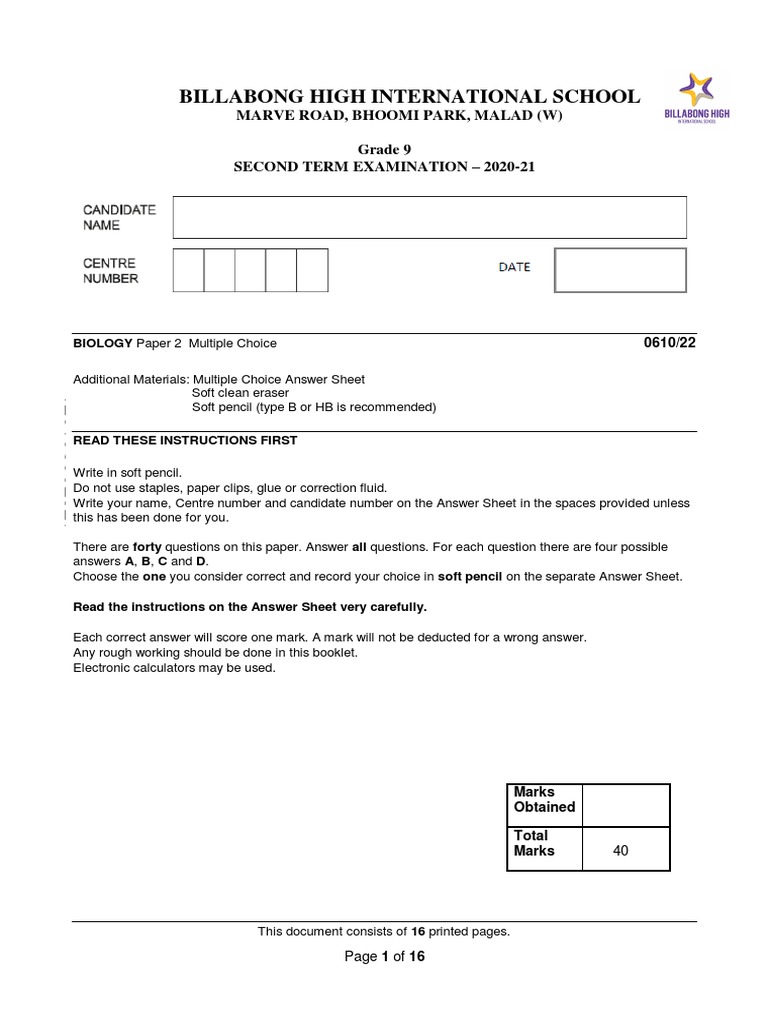 Grade 9 Biology Term II Paper 2 MCQ | PDF | Multiple Choice