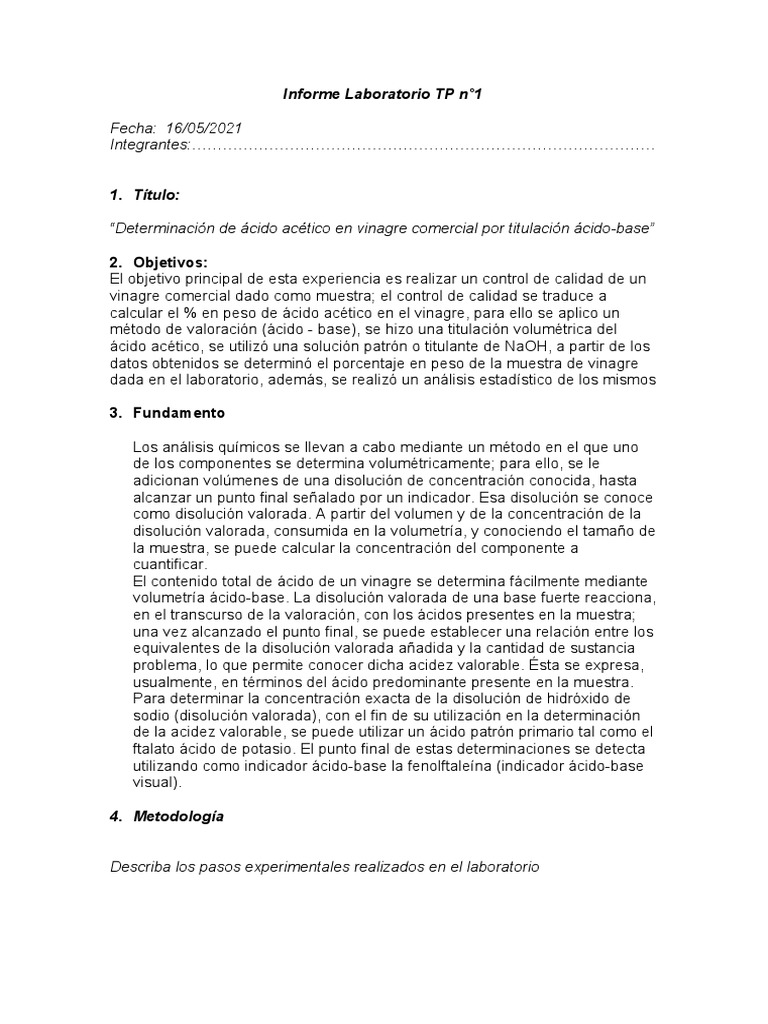 Plantilla para Informe TP N° 1 | PDF | Química | Valoración