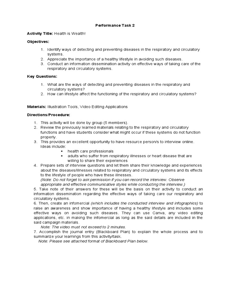 Performance Task 2 Activity Title: Health Is Wealth! Objectives | PDF ...