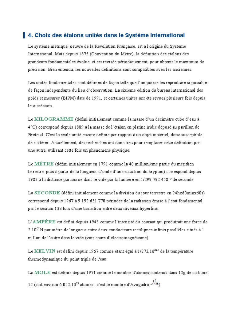 Évolution des Unités du Système International | PDF | Mètre | Système ...