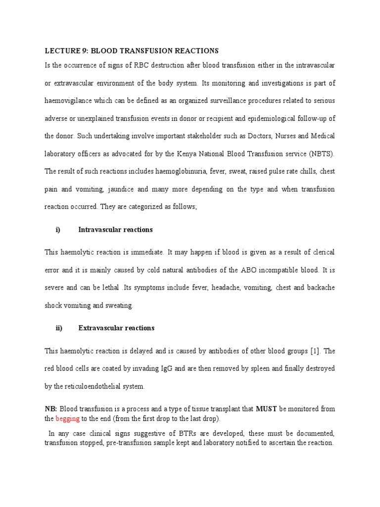 Blood Transfusion Reactions | PDF | Blood Transfusion | Blood Donation