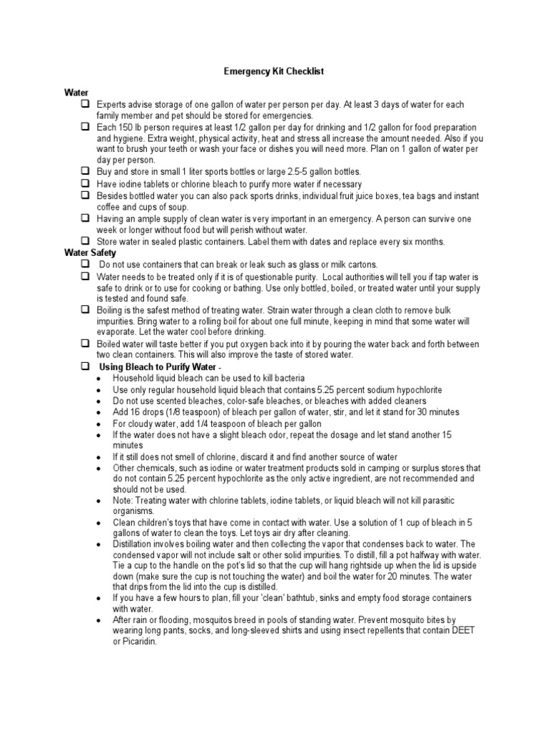 Emergency Kit Checklist | PDF | Foods | Water