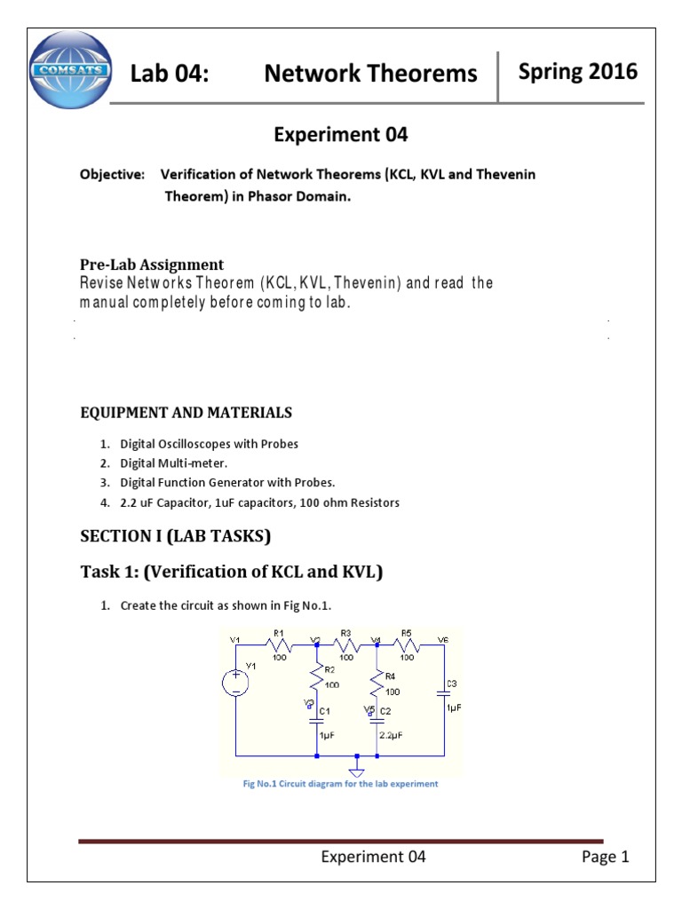 Lab4 - Verification of Network Theorems (KCL, KVL and TheveninTheorem) in Phasor Domain | PDF ...