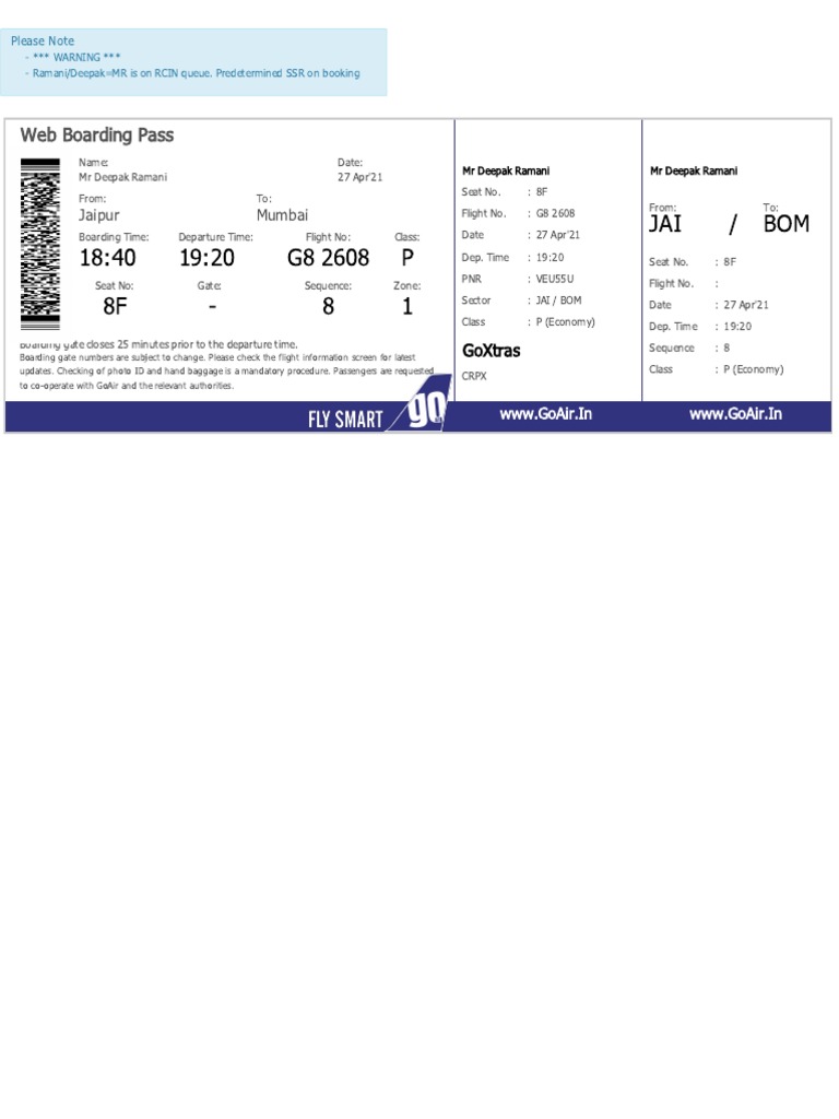 GoAir Flight Boarding Pass Details | PDF | Ephemera | Civil Aviation