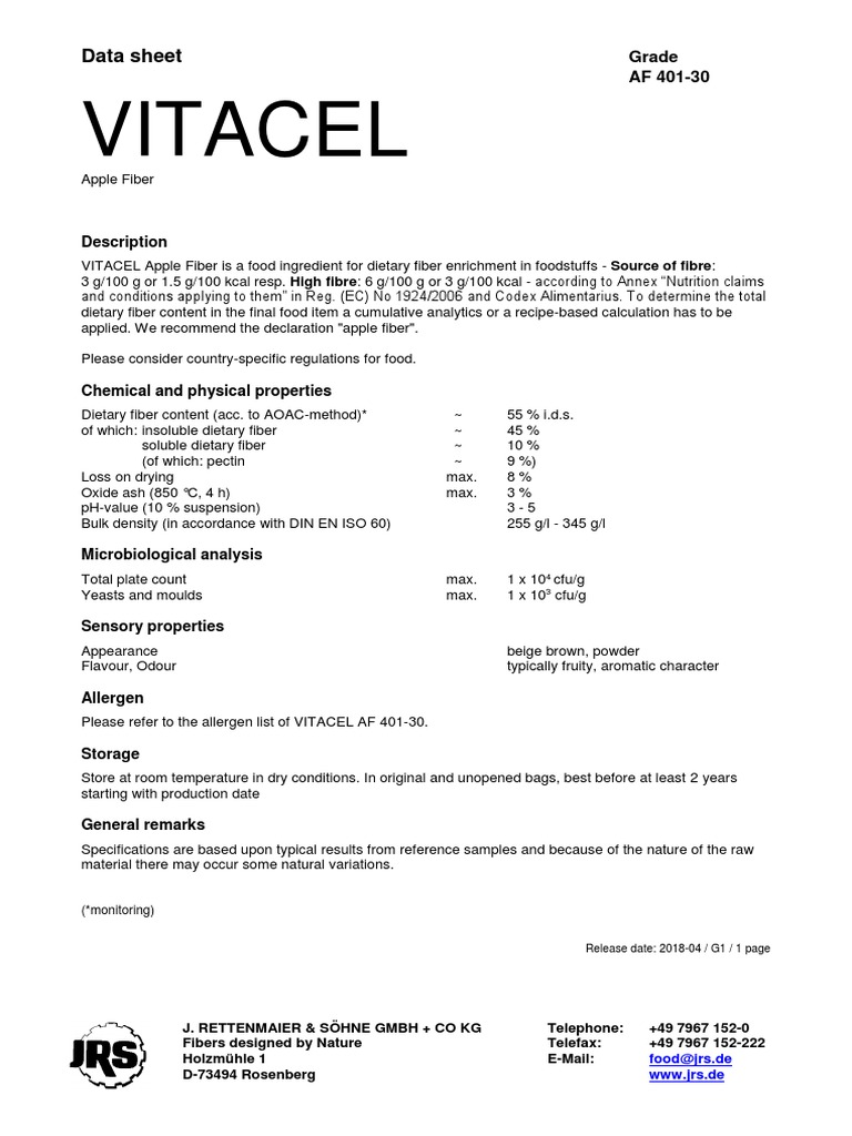 VITACEL Apple Fiber Data Sheet | PDF | Diet & Nutrition | Dietary Fiber