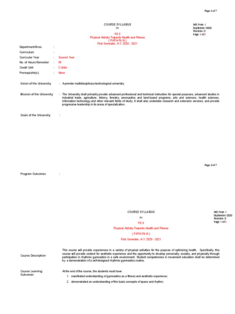 Pe 3 Syllabus - Gymnastics | PDF | Curriculum | Physical Education