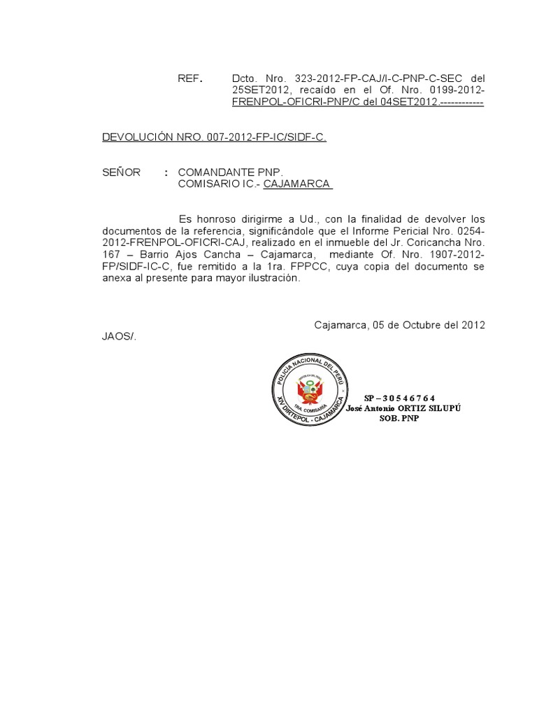 Devolución Nro. 007-2012-FP-IC-SIDF-C | PDF