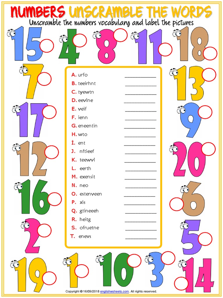 Numbers Vocabulary Esl Unscramble The Words Worksheet For Kids | PDF