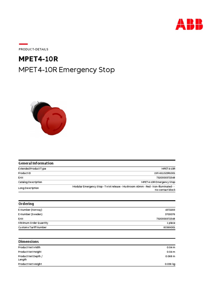1SFA611523R1001 Mpet4 10r Emergency Stop | PDF | Electrical Engineering | Manufactured Goods