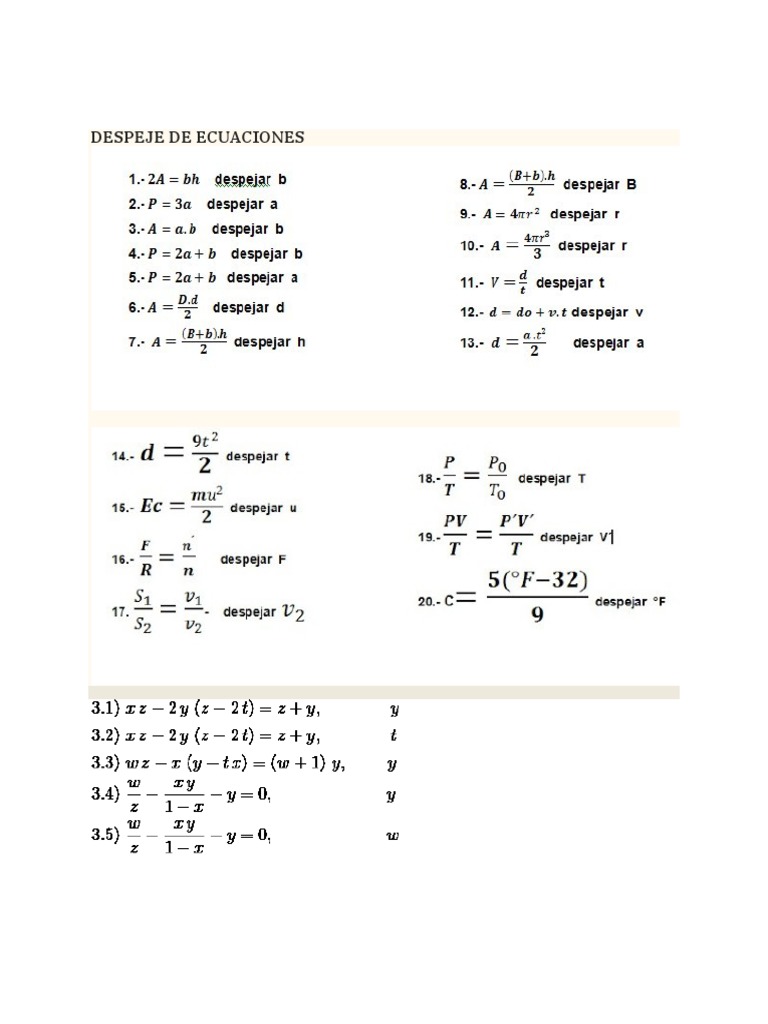 Ejercicios Despeje de Ecuaciones | PDF
