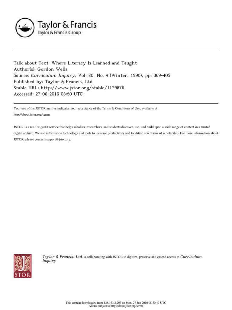 1 Talk About Text Where Literacy Is Learned and Taught WELLS 1990 | PDF ...