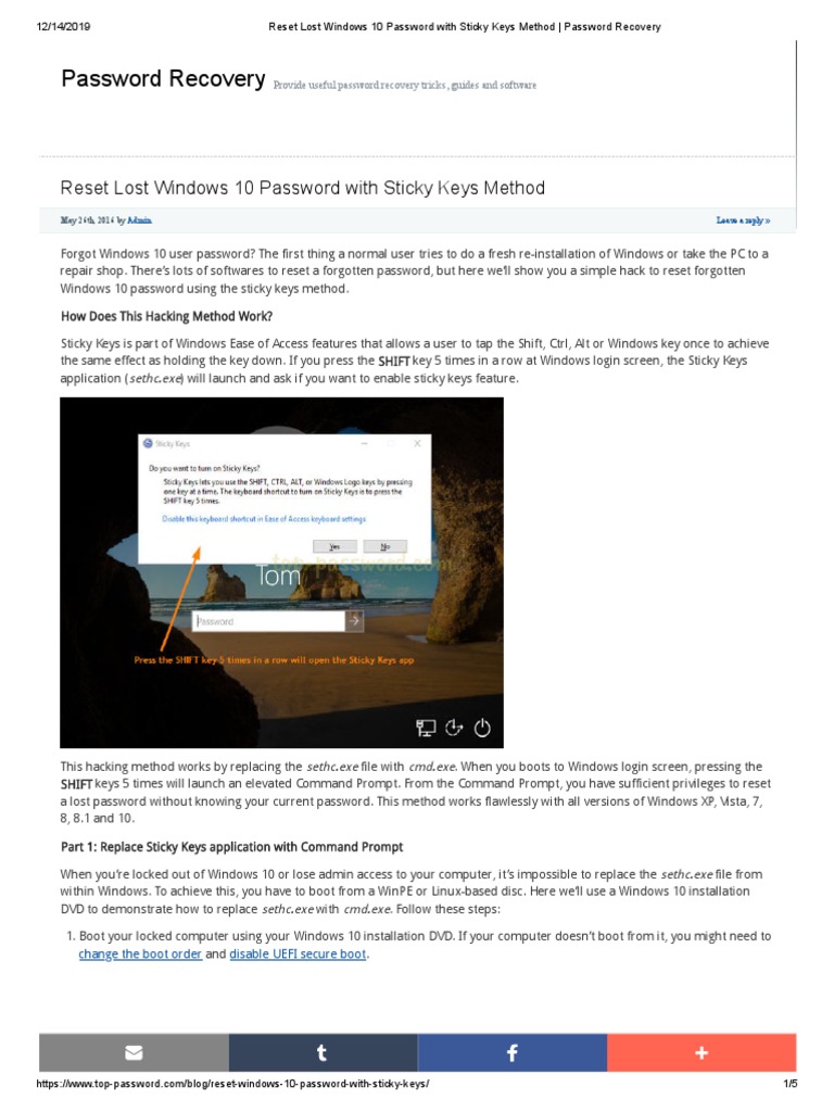 Reset Lost Windows 10 Password With Sticky Keys Method Password