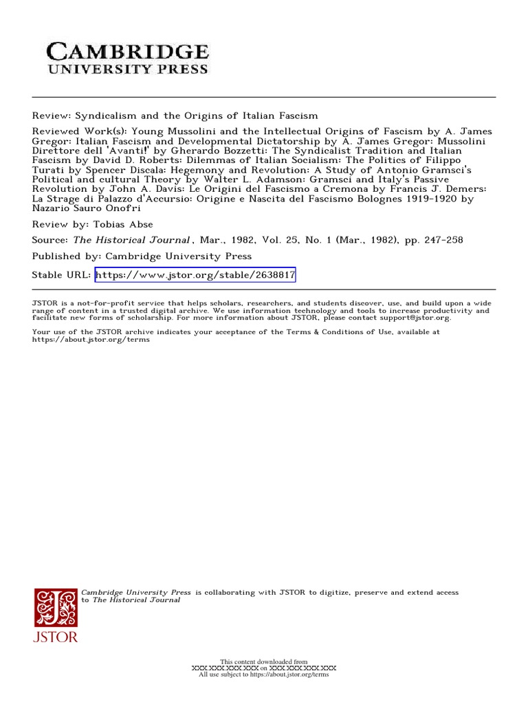 Tobias Abse - Syndicalism and The Origins of Italian Fascism (1982 ...