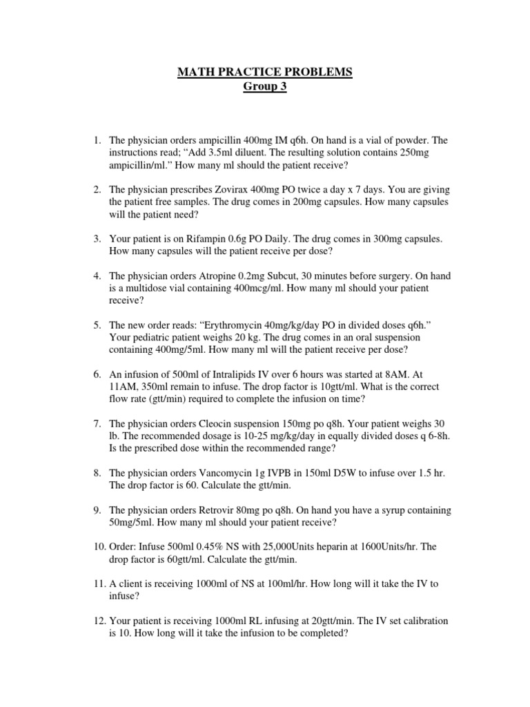 Math Practice Problems Group 3 | PDF | Dose (Biochemistry) | Chemistry
