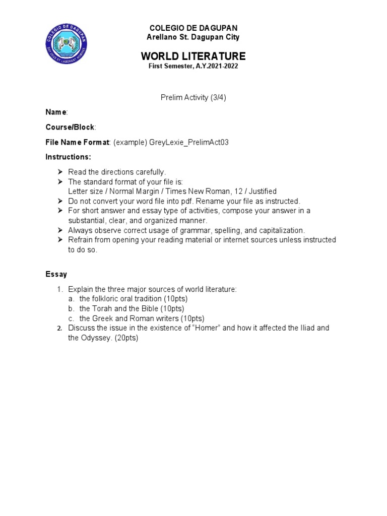 World Literature: Colegio de Dagupan Arellano St. Dagupan City | PDF ...