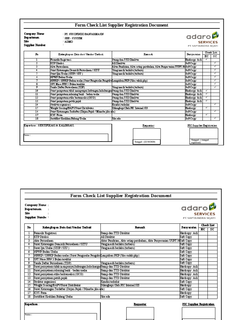 Form Check List Supplier Registration | PDF