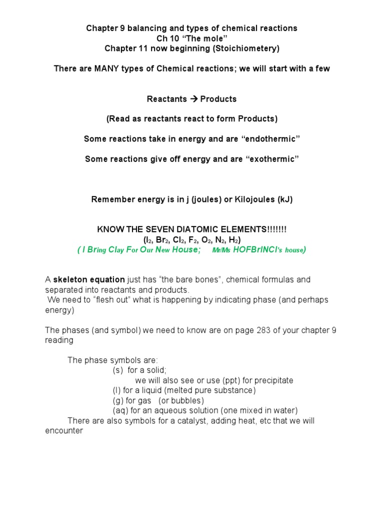 Types of Chemical Reactions CH 9-10-11 | PDF | Chemical Reactions | Sodium