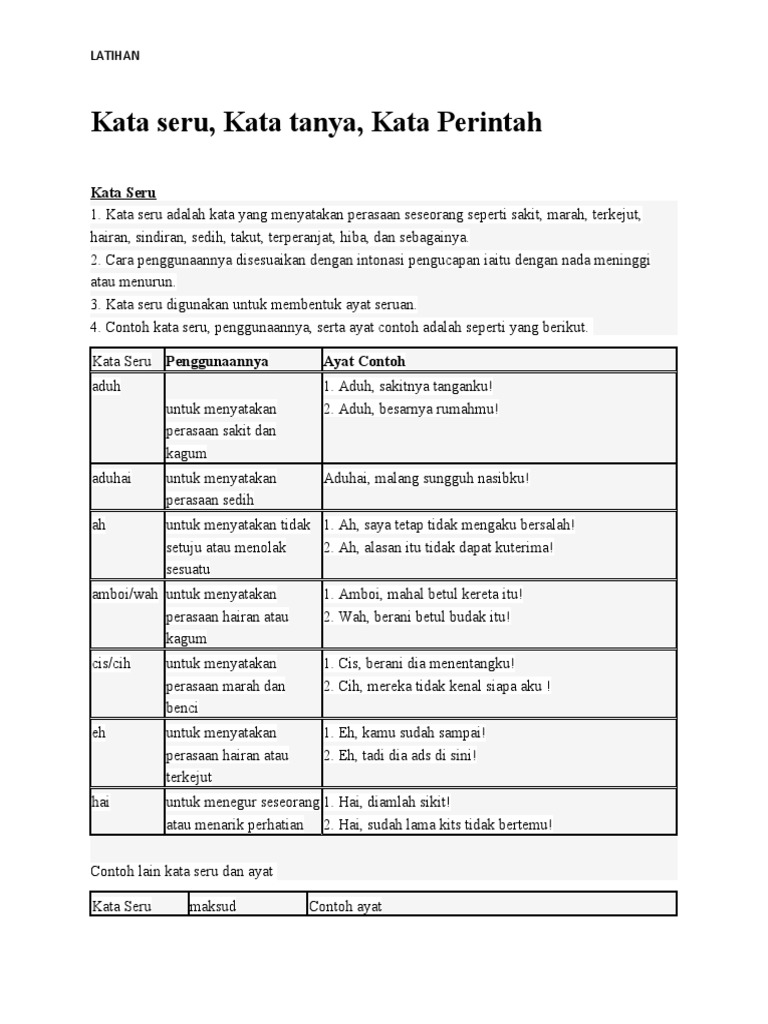 Latihan Kata Perintah, Kata Tanya, Kata Seru | PDF