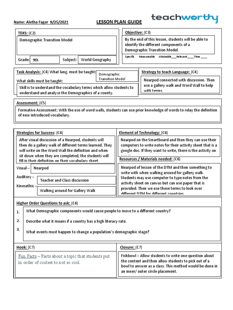 Lesson Plan Guide: Demographic Transition Model | PDF | Lesson Plan ...