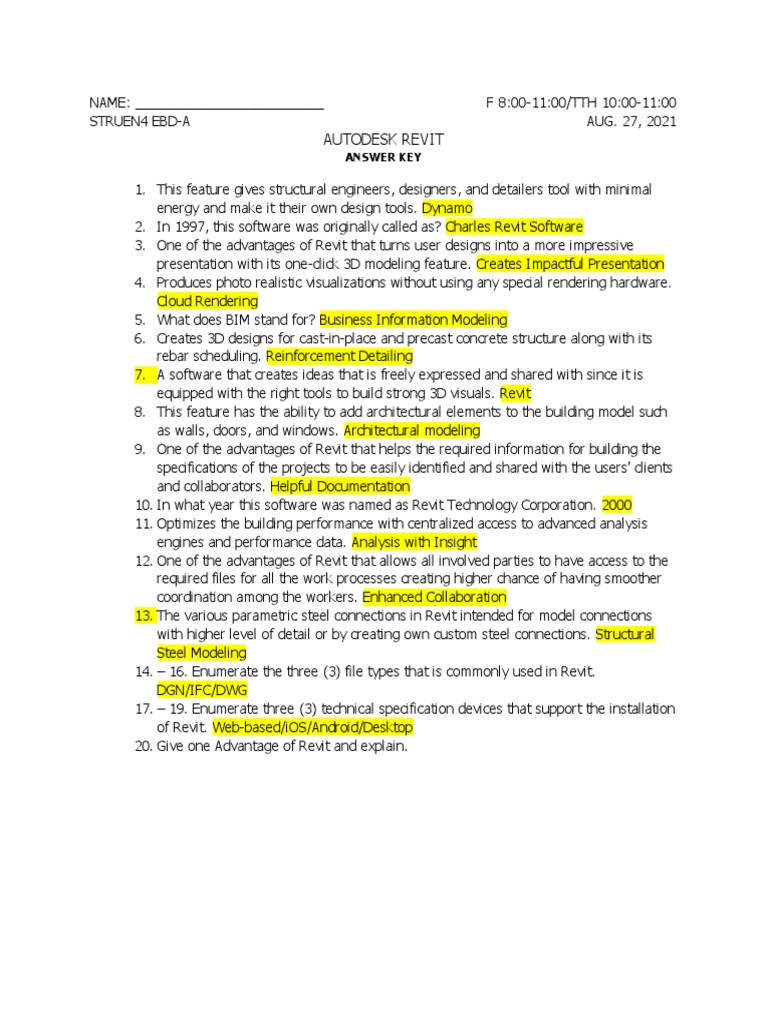 Revit Exam Answer Key 2021 | PDF | Autodesk Revit | Application Software