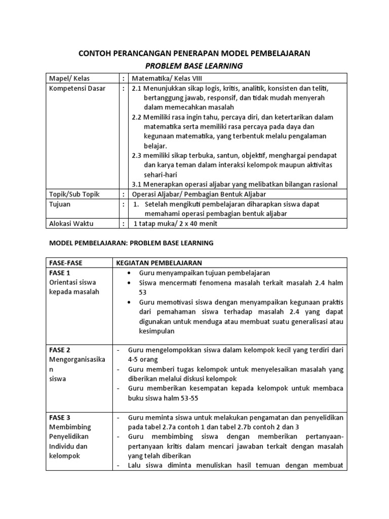 Contoh Perancangan Penerapan Model Pembelajaran 2021 PPP Depak | PDF