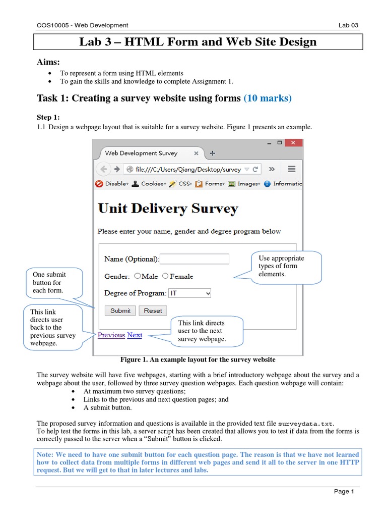 Lab 3 - HTML Form and Web Site Design: Task 1: Creating A Survey Website Using Forms | PDF ...