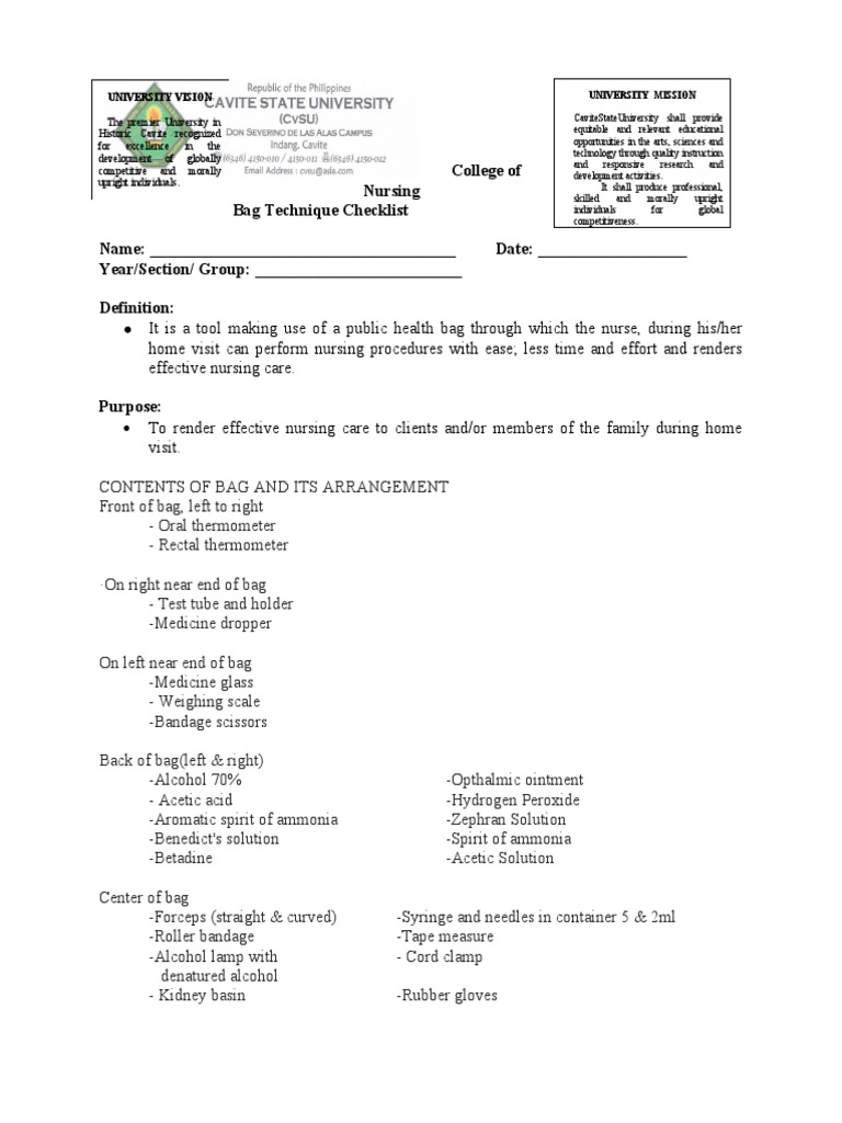 College of Nursing Bag Technique Checklist Name: - Date: - Year/Section ...