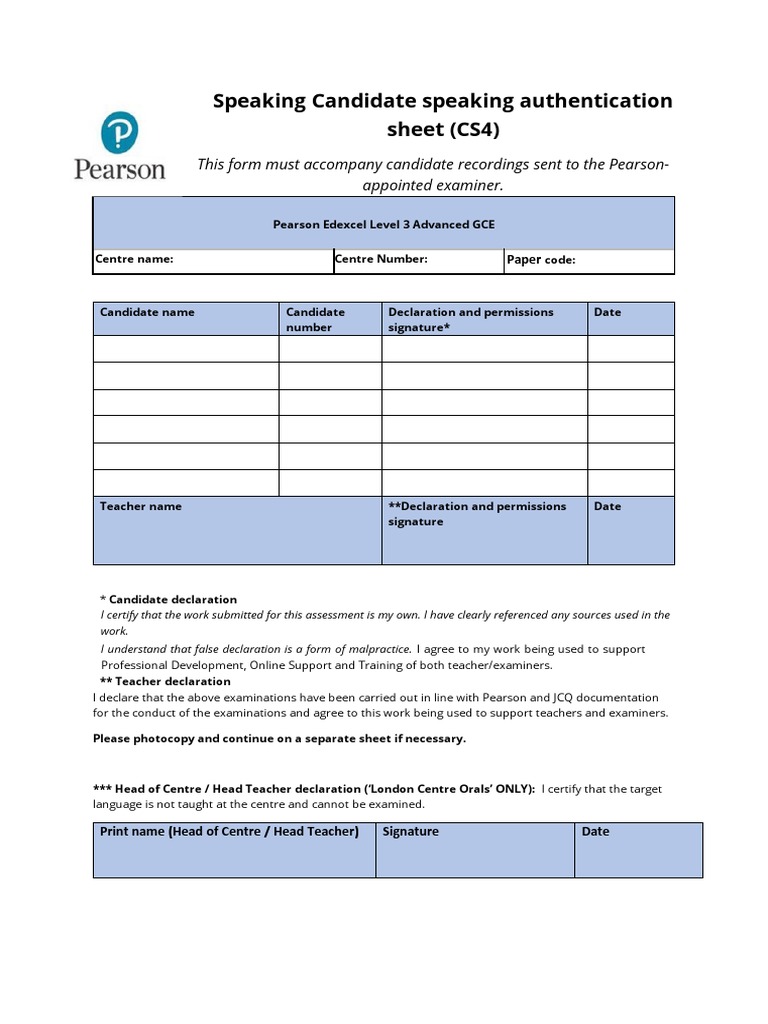 [TITLE] Candidate Speaking Authentication Sheet for Pearson Edexcel ...