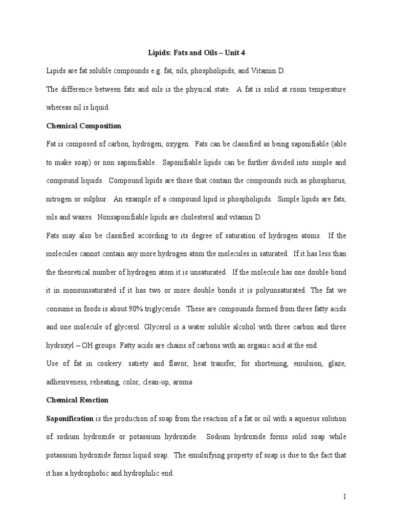 Lipids: Fats and Oils - Unit 4 | PDF | Fat | Lipid