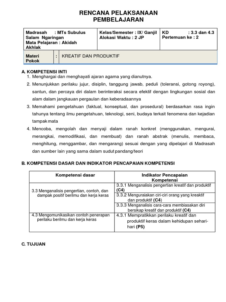 RPP 2 Kreatif Dan Produktif | PDF | Karier & Perkembangan ...