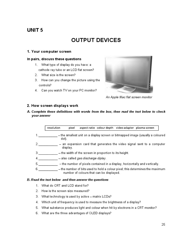 Output Devices: Unit 5 | PDF | Computer Monitor | Liquid Crystal Display