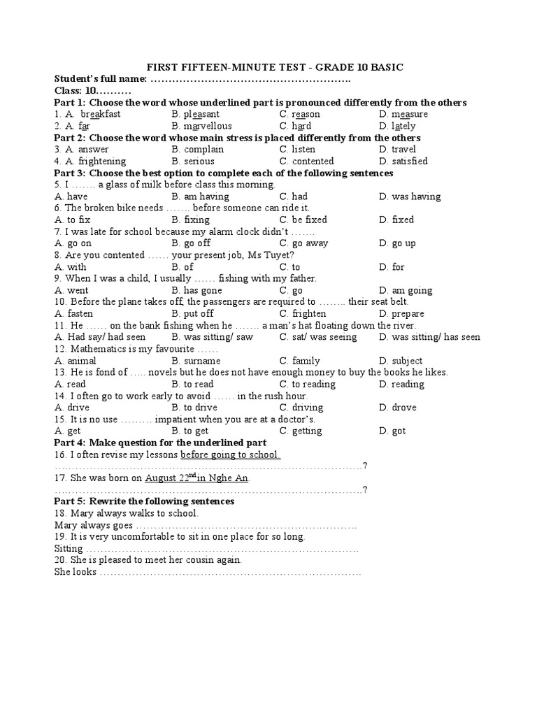 Grade 10 English Test: Pronunciation & Grammar | PDF