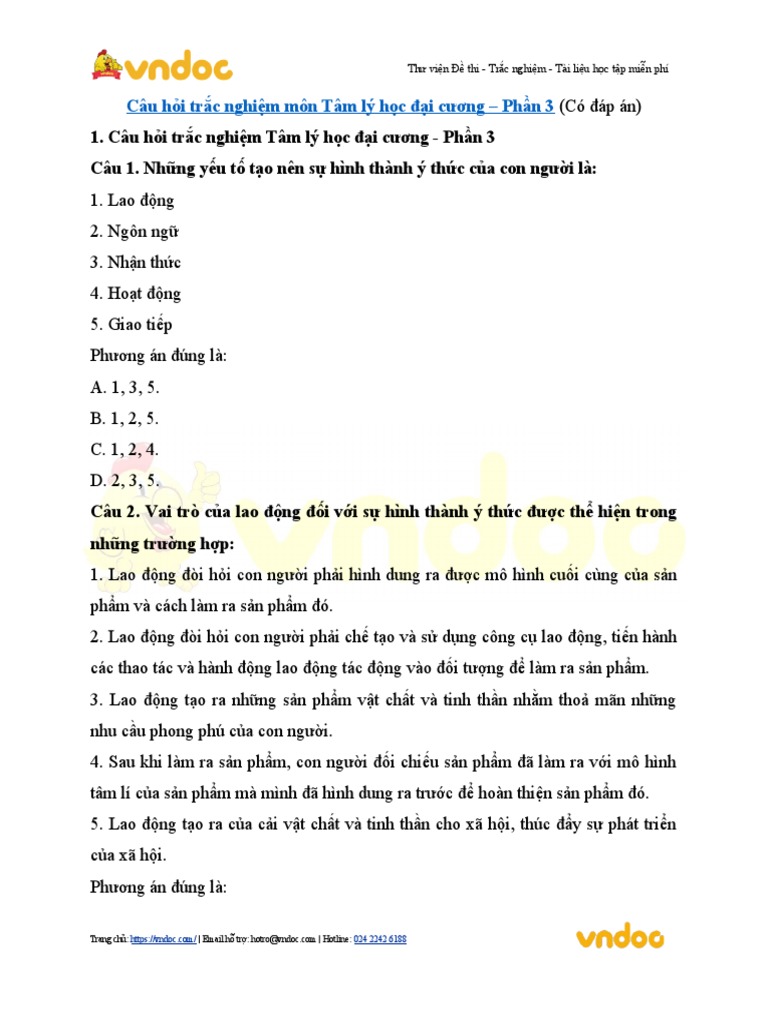 Cau Hoi Trac Nghiem Mon Tam Ly Hoc Dai Cuong Phan 3 Pdf