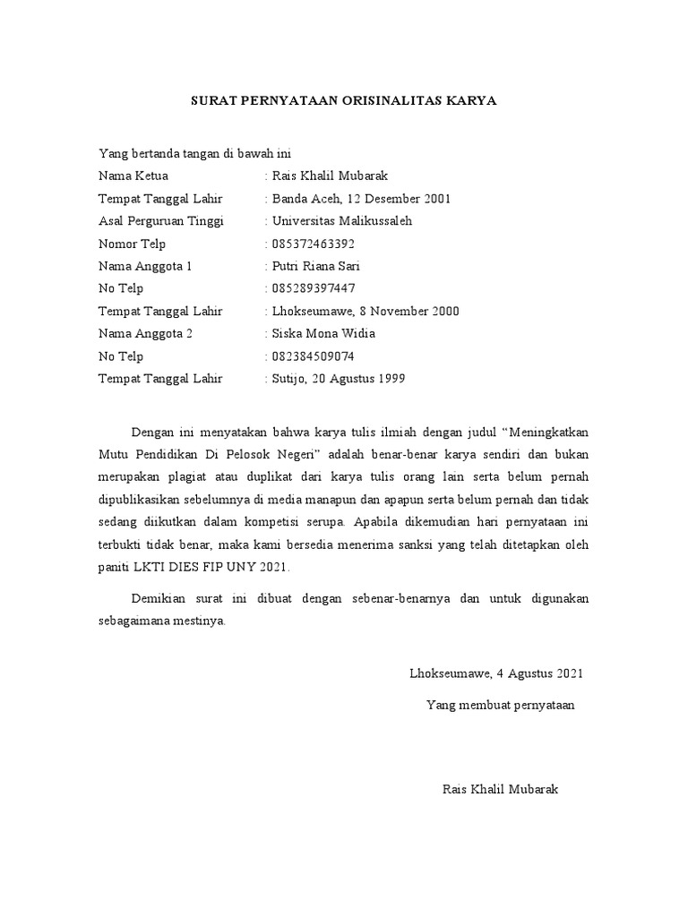 Surat Pernyataan Orisinalitas Karya | PDF