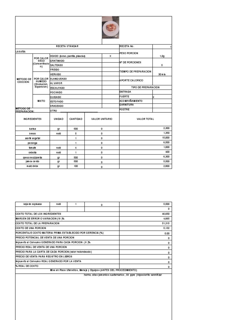 Formatos de Receta y Sub Receta | PDF | Alimentos | Cocina