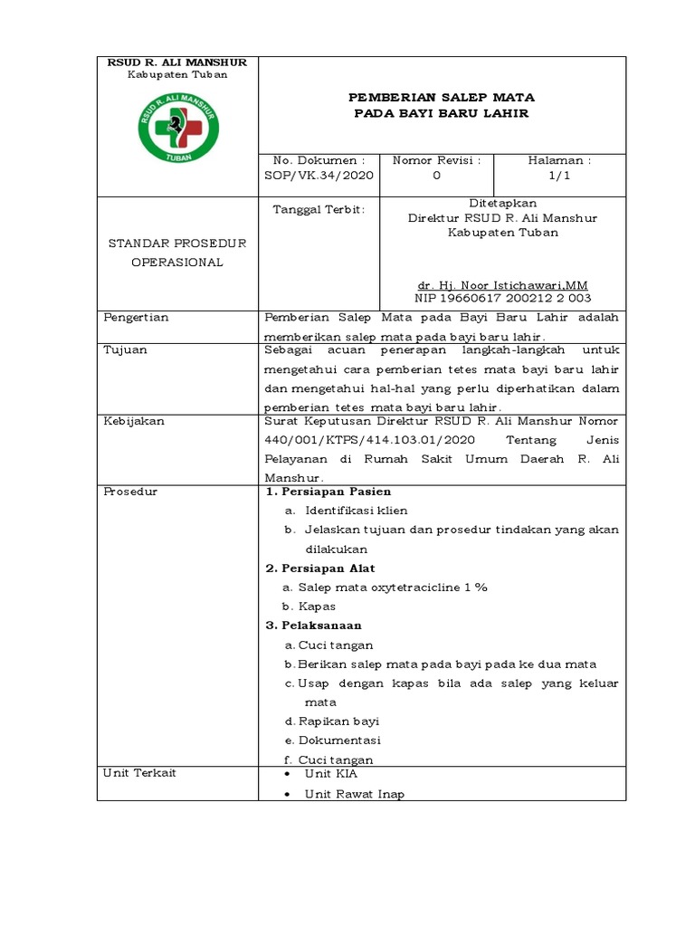 Sop - vk.34 Pemberian Salep Mata Pada Bayi Baru Lahir | PDF | Kesehatan Holistik | Sains ...