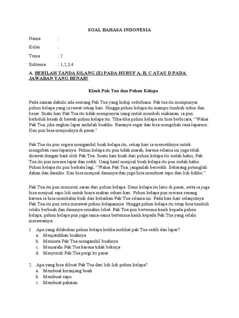 SOAL BAHASA INDONESIA Tema 2 | PDF | Griya & Taman