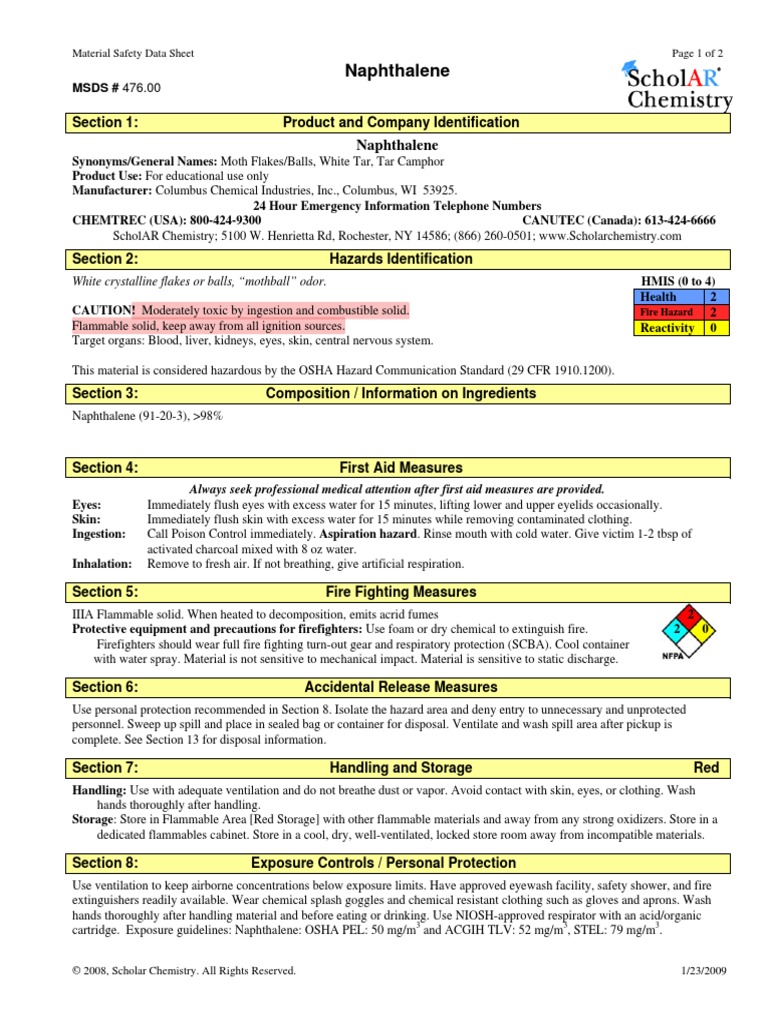 MSDS Sheets - Naphthalene - 476 - 00 | PDF | Dangerous Goods | Firefighting