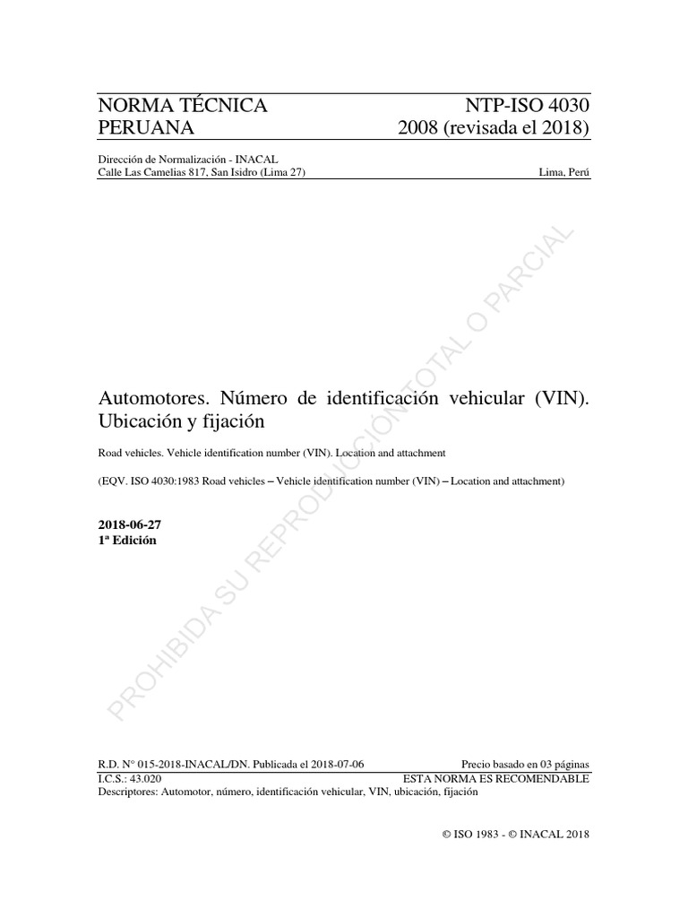 Iso 4030 Numero de Vin NTP | PDF | Perú | Vehículo de motor