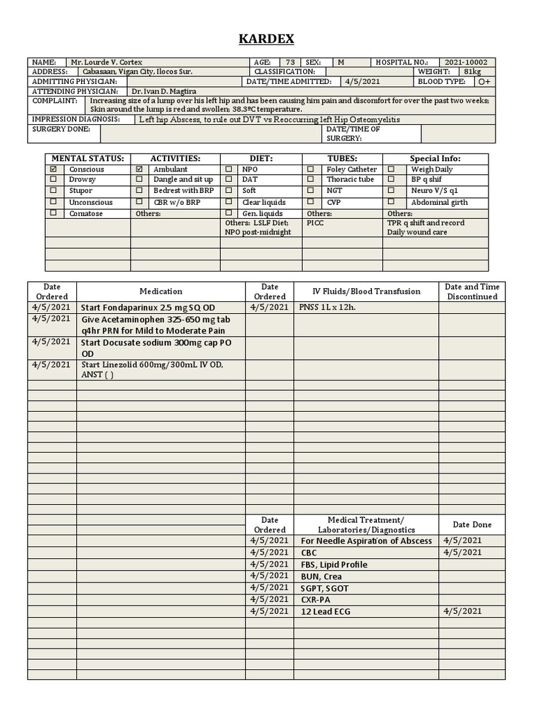 Kardex: Mental Status: Activities: Diet: Tubes: Special Info | PDF ...