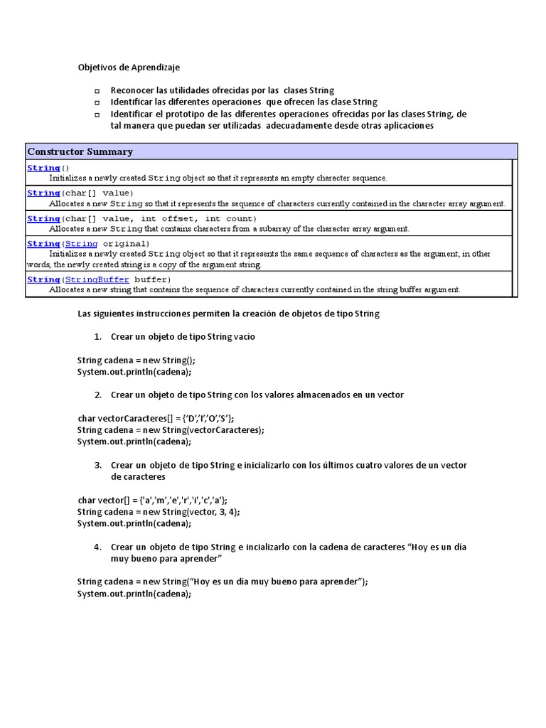 Utilidades de Java Clase String | PDF | Cadena (informática) | Estructura de datos de matriz